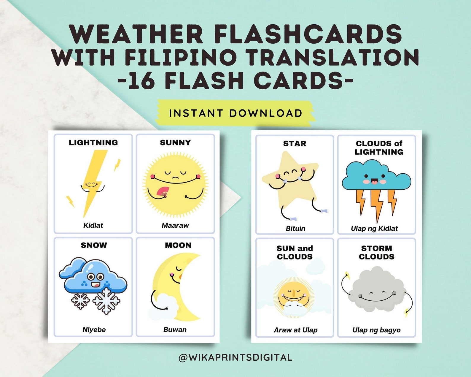 Weather Flashcards 16 Cards Filipino Translation | Etsy