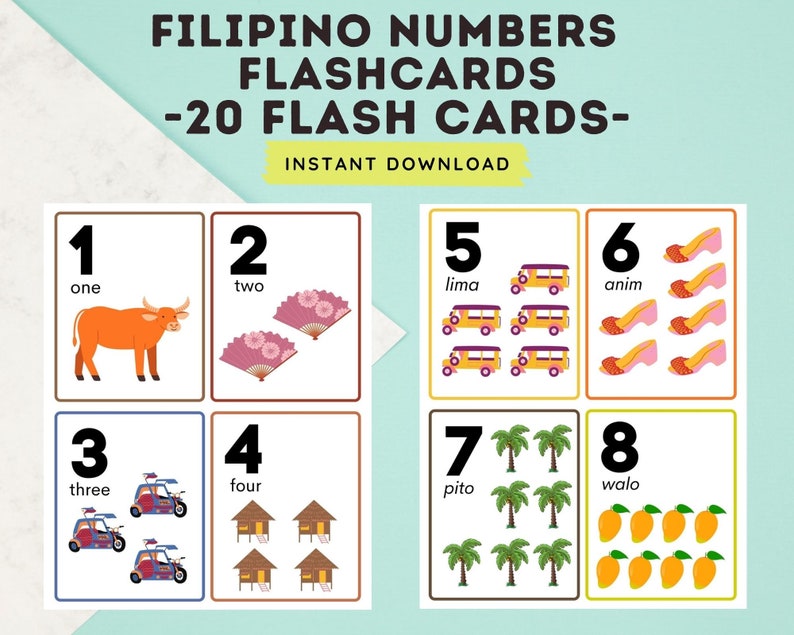 Numbers (20 Cards) Flashcards - Tagalog Numbers Flashcards With English ...
