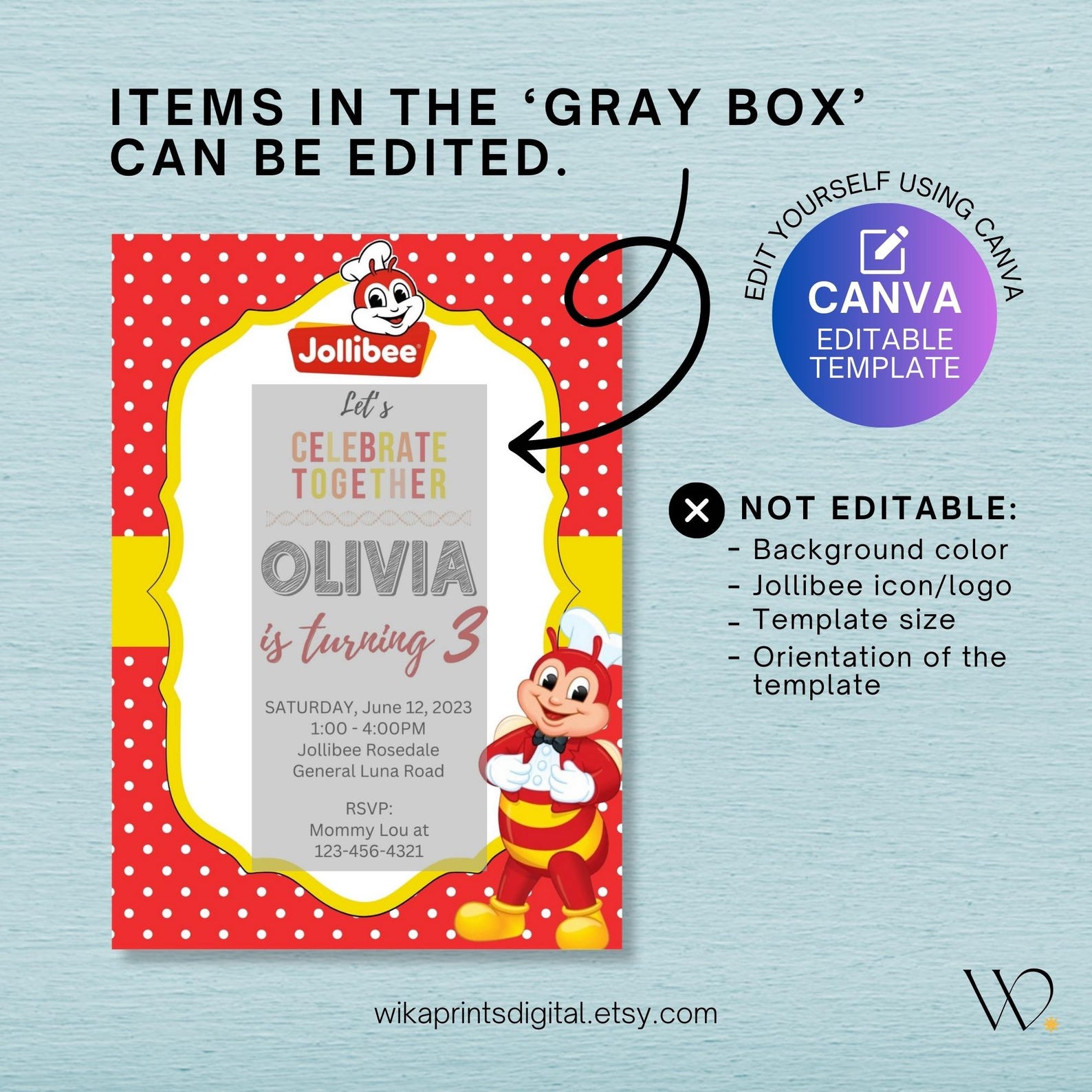 Editable Jollibee Birthday Invitation | Personalized Jollibee Birthday ...