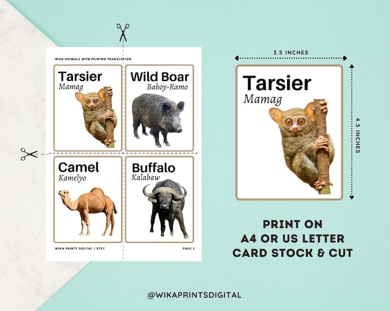 Wild Animals (28 Cards) Flashcards - Tagalog Animals Flashcards With ...