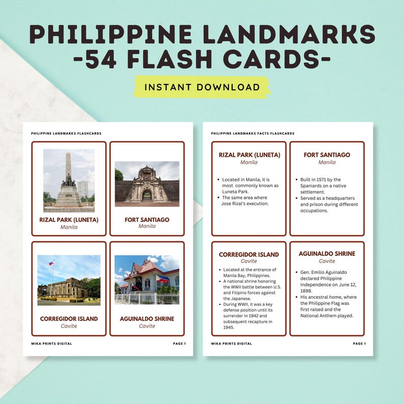 Philippine Landmarks (54 Cards) Flashcards, Filipino Flashcards ...