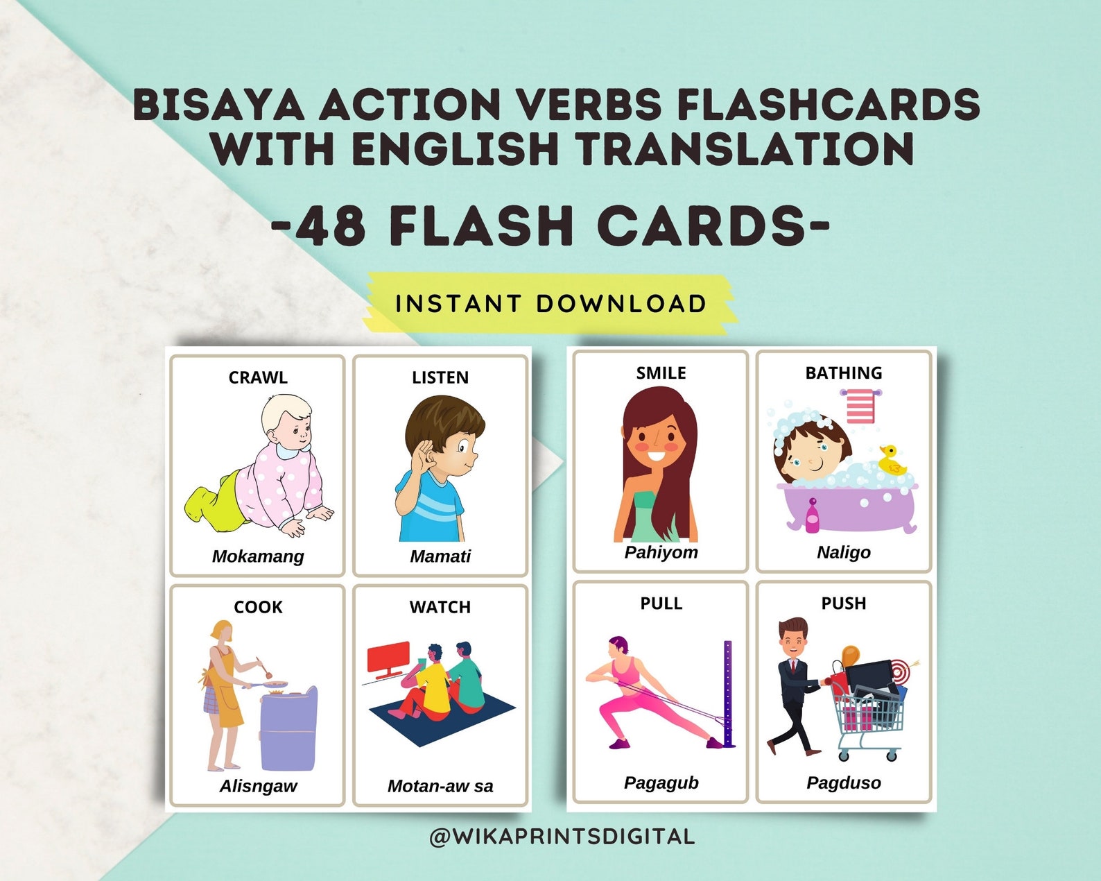 Bisaya Action Verbs Flashcards (48 Cards) With English Translation ...