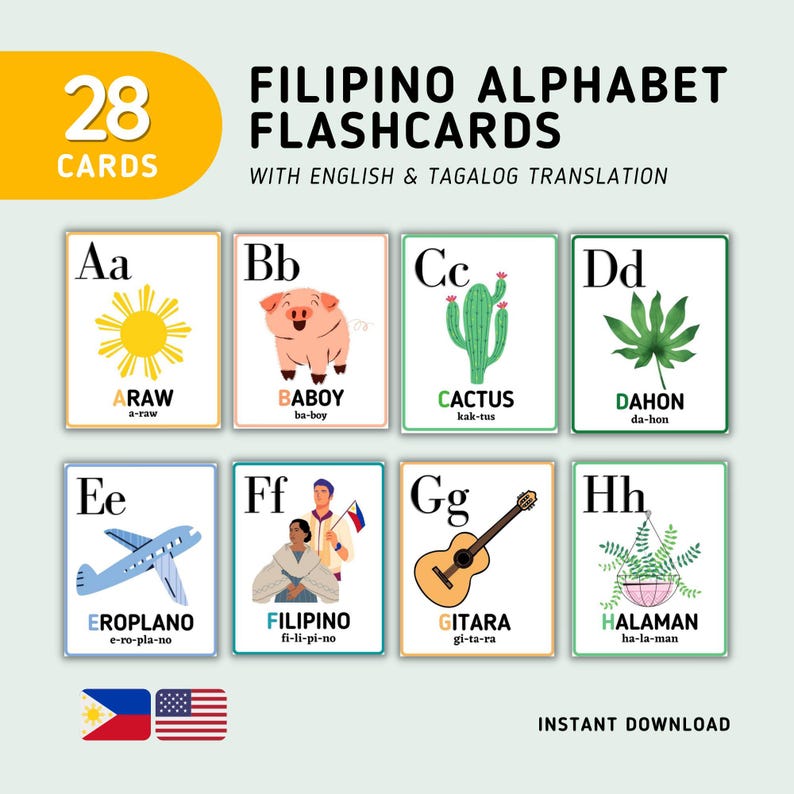 Filipino Alphabet (28 Cards) Flashcards - Tagalog ABC Flashcards ...