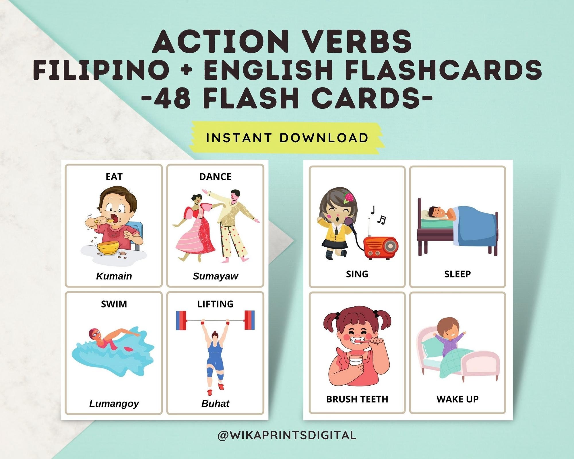 Action Verb Flashcards (48 Cards) Filipino Flashcards With English ...