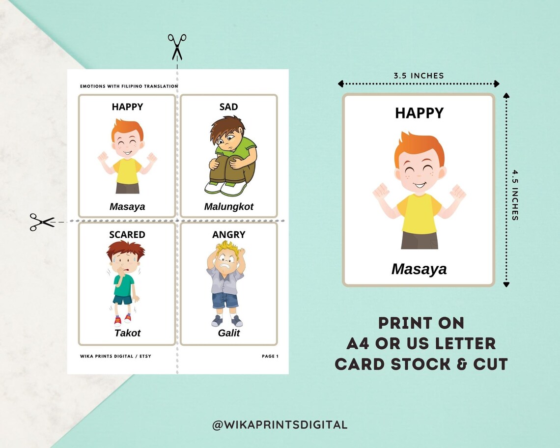 Emotions Flashcards (24 Cards) Filipino and English Translation ...