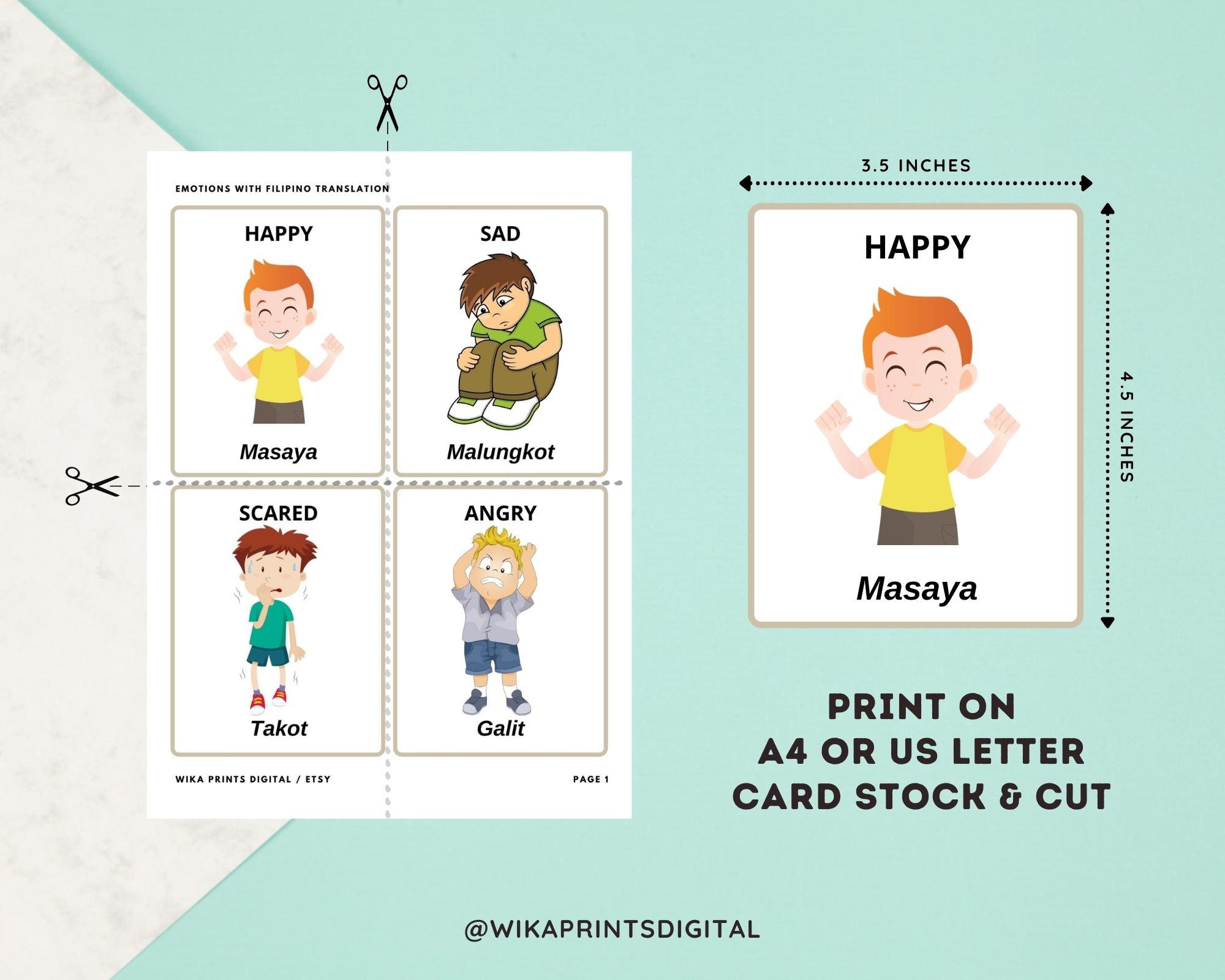 Emotions Flashcards (24 Cards) Filipino and English Translation ...