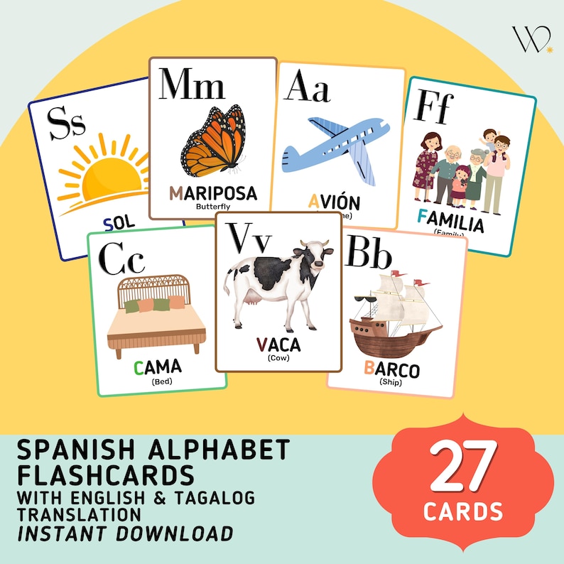 Spanish Alphabet With English & Tagalog Translations (27 Cards ...