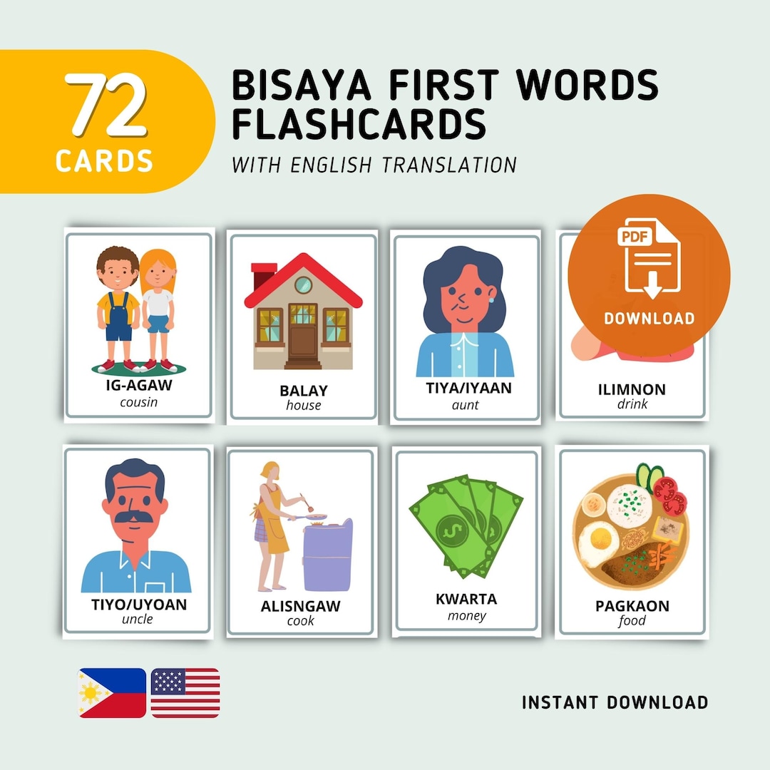 First Bisaya Words Flashcards (72 Cards) With English Translation ...