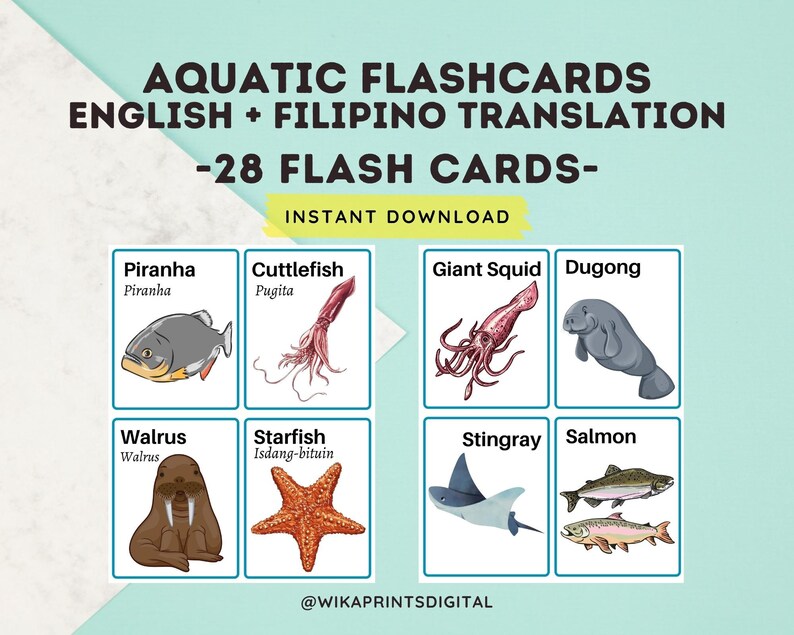 Aquatic Animals (28) Flashcards - Tagalog Flashcards With English ...