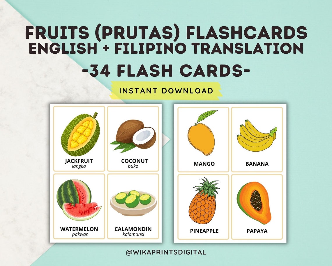 Fruits (prutas) Flashcards W/ English & Filipino Translation (34 Cards ...