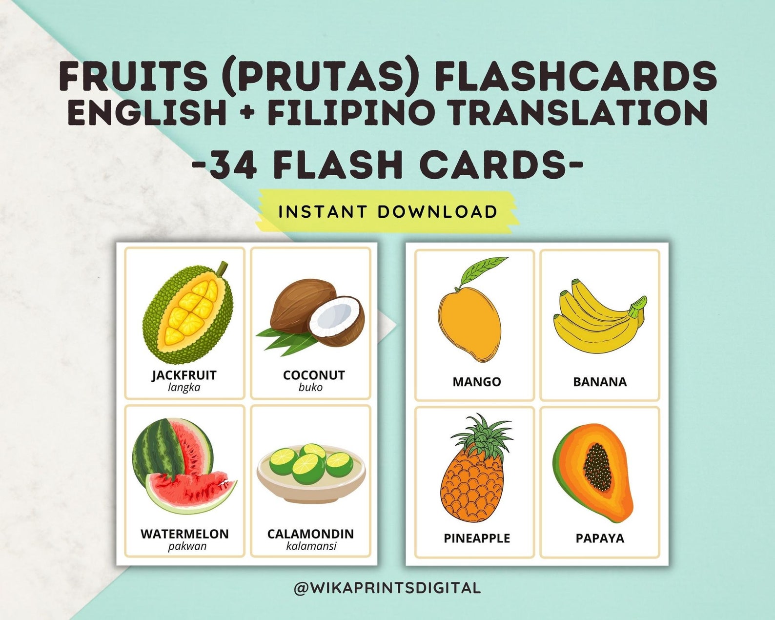 Fruits prutas Flashcards W/ English & Filipino Translation 34 Cards ...