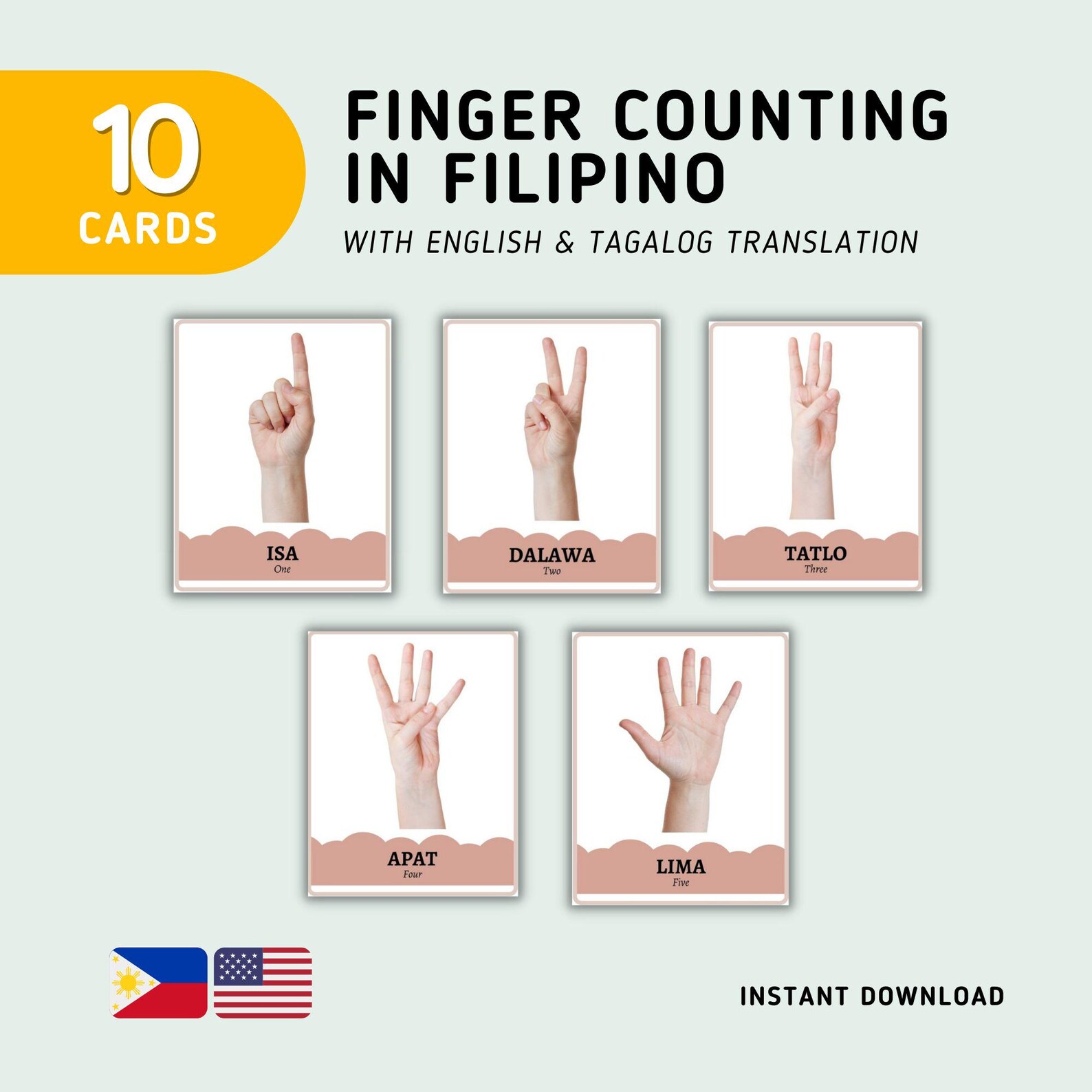 Finger Counting (10 Cards) Flashcards - Tagalog Numbers Flashcards With ...