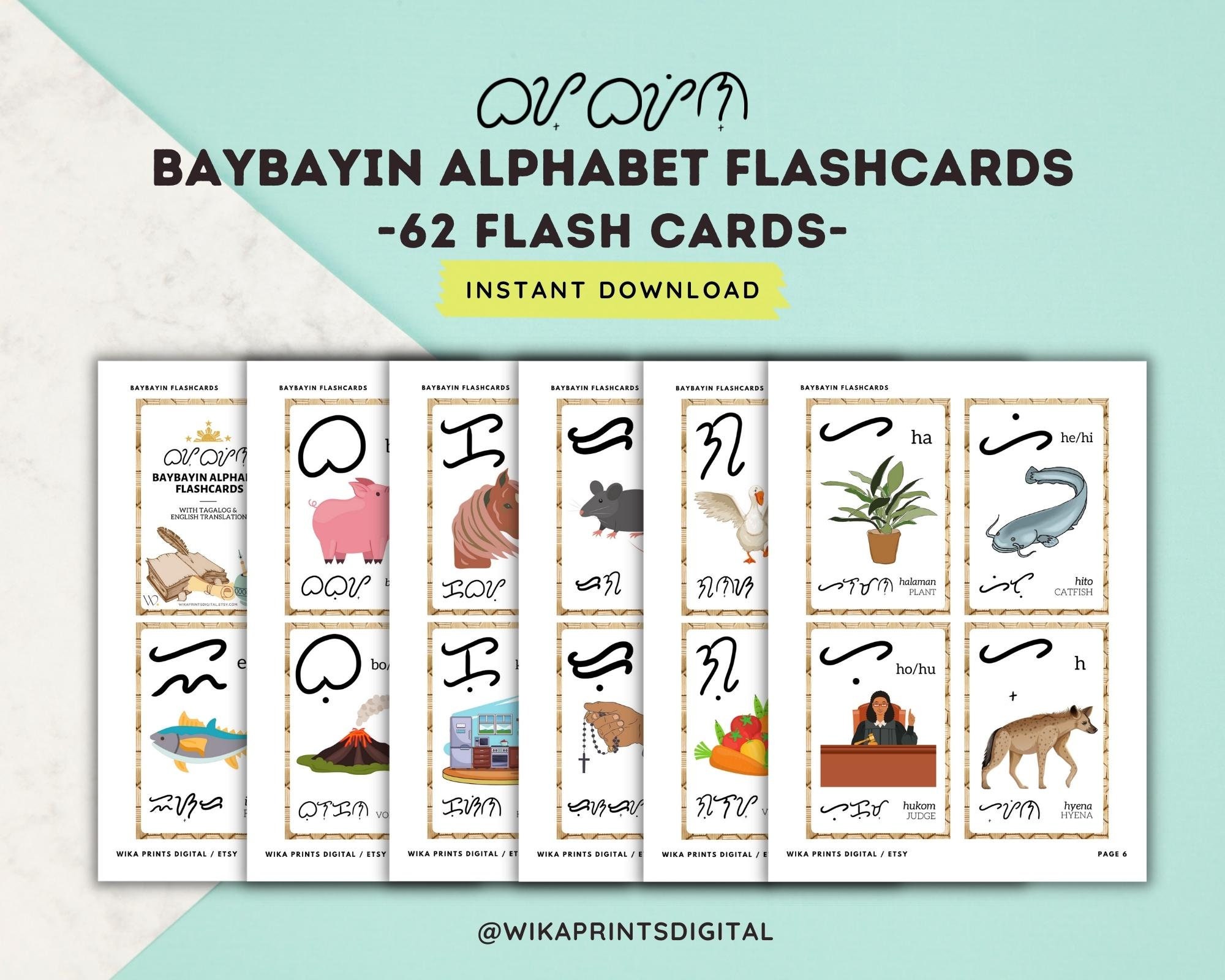 Baybayin Alphabet (62 Cards) Flashcards, Filipino Alphabet Printables ...