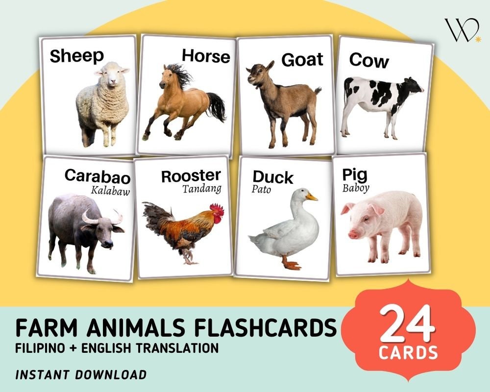 Farm Animals 24 Cards Flashcards Tagalog Flashcards With English ...