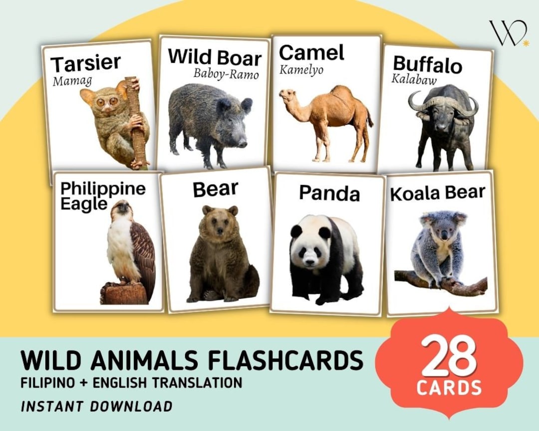 Wild Animals 28 Cards Flashcards Tagalog Flashcards With English ...