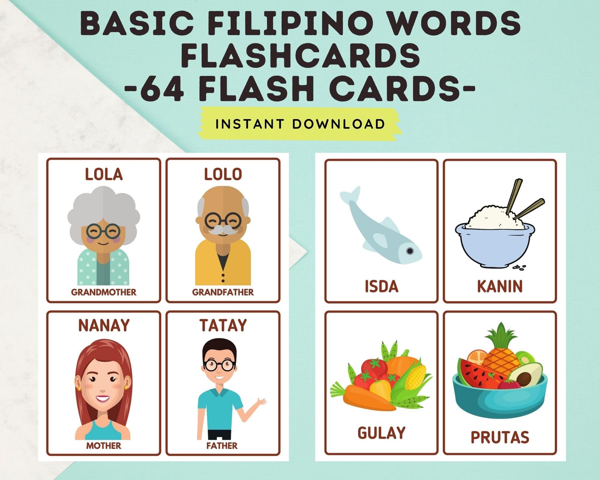 Basic Filipino Words (64 Cards) Flashcards - Tagalog Flashcards With ...