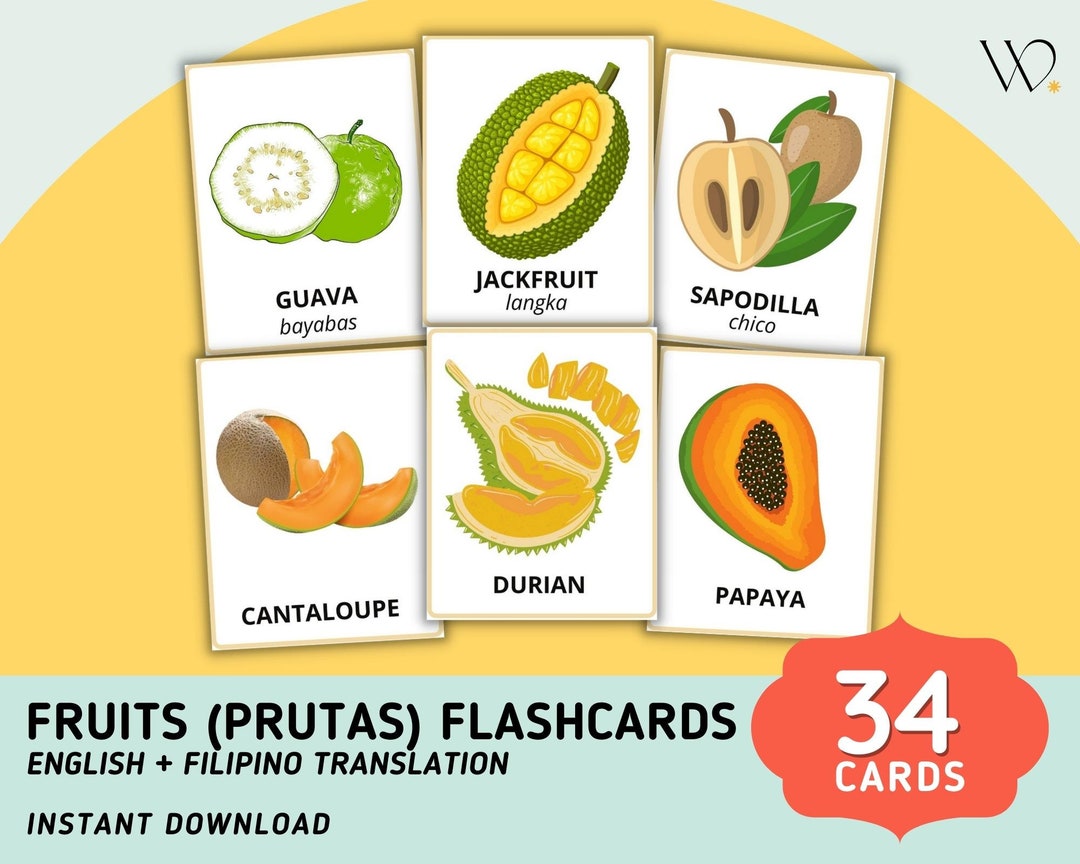 Fruits (prutas) Flashcards W/ English & Filipino Translation (34 Cards ...