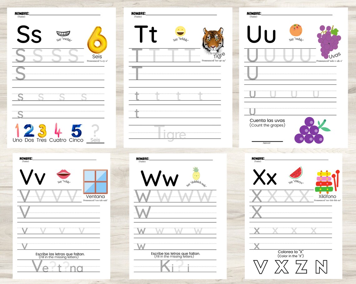 Alphabet Handwriting Worksheets With Spanish Vocabulary Words ...
