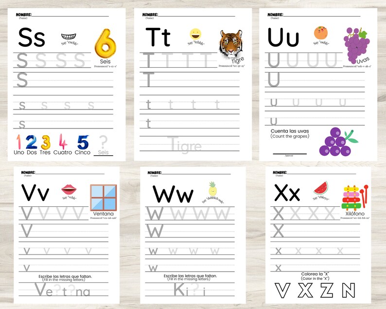 Alphabet Handwriting Worksheets With Spanish Vocabulary Words ...