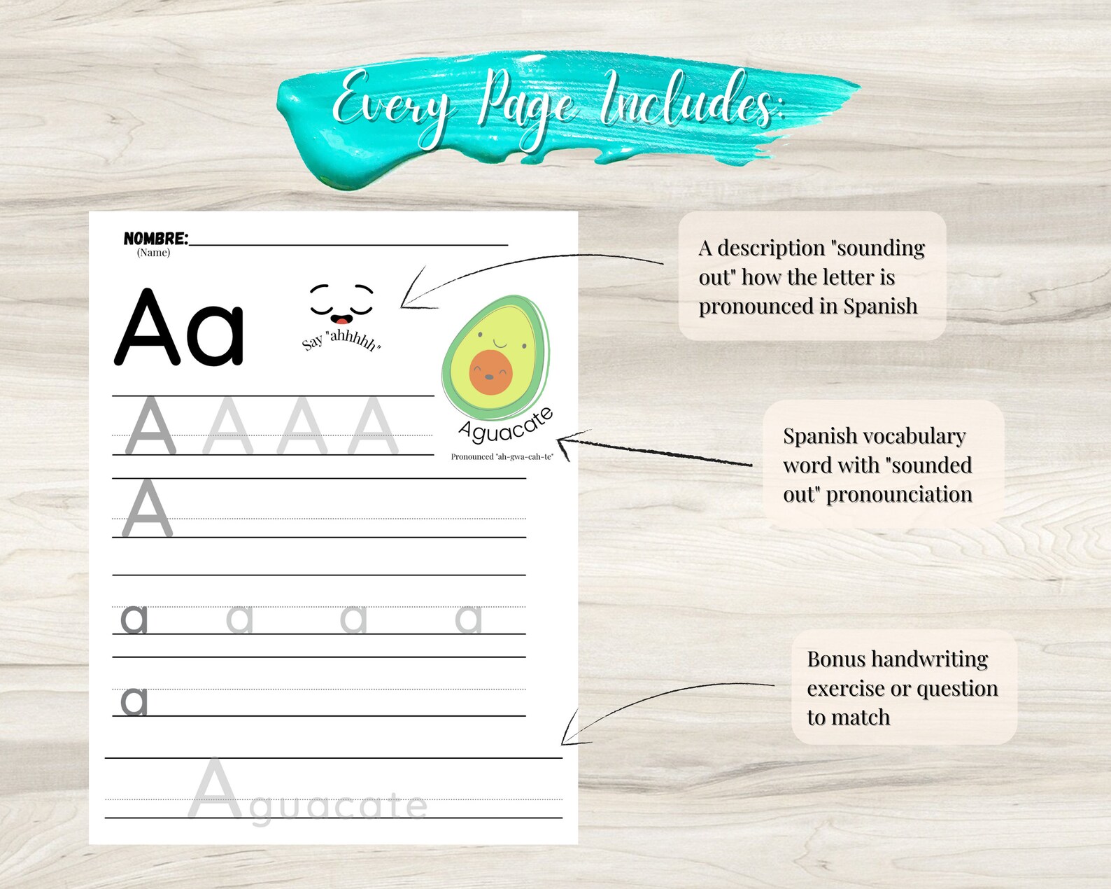 Alphabet Handwriting Worksheets With Spanish Vocabulary Words ...