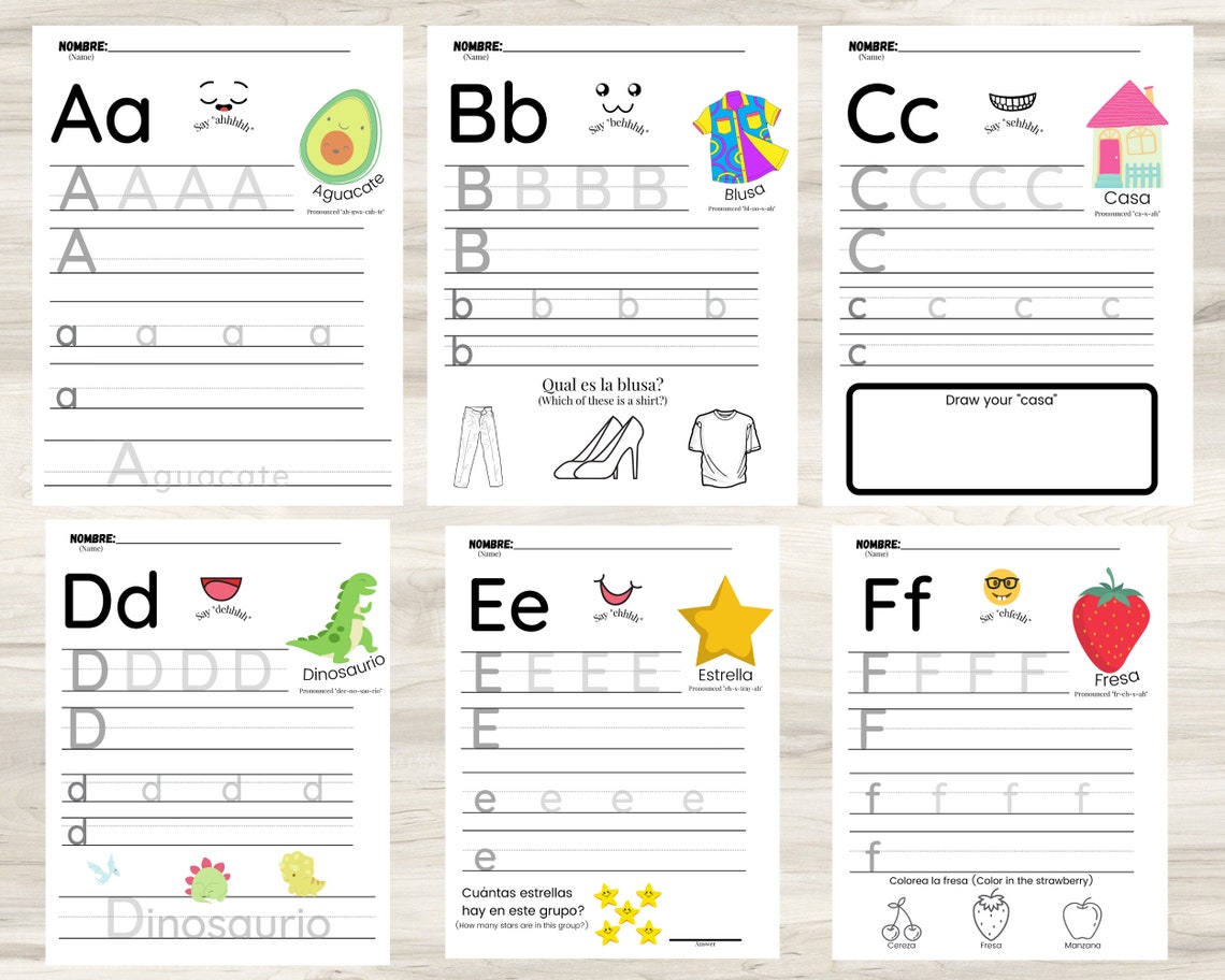 Alphabet Handwriting Worksheets With Spanish Vocabulary Words ...