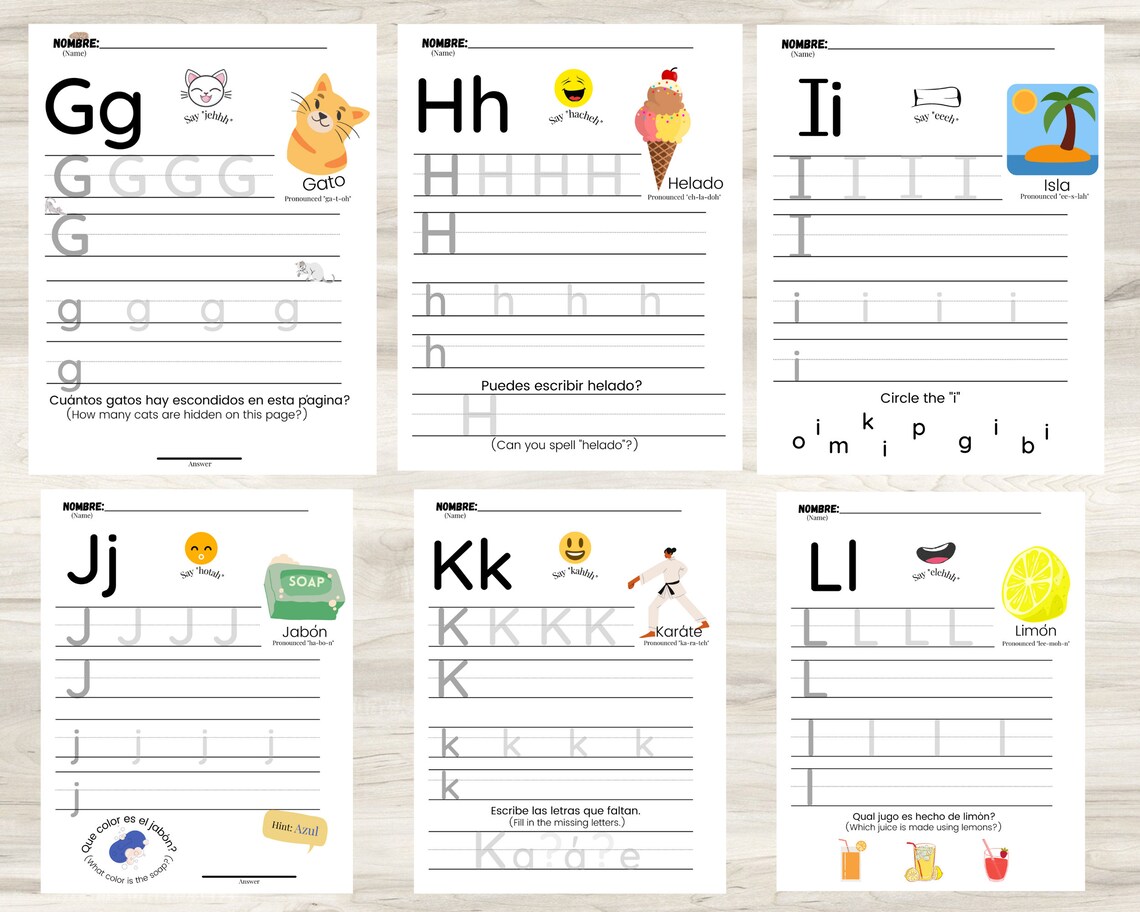 Alphabet Handwriting Worksheets With Spanish Vocabulary Words ...