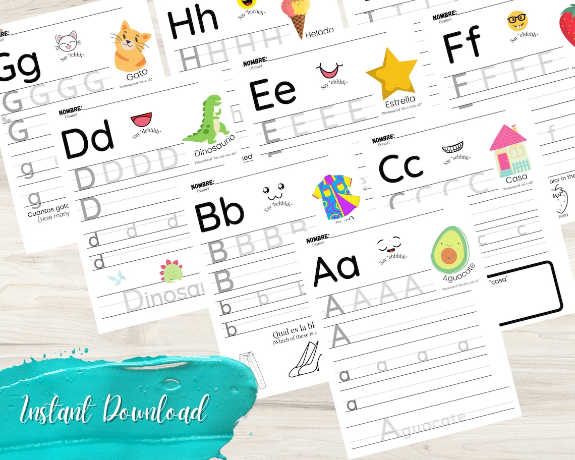 Alphabet Handwriting Worksheets With Spanish Vocabulary Words ...