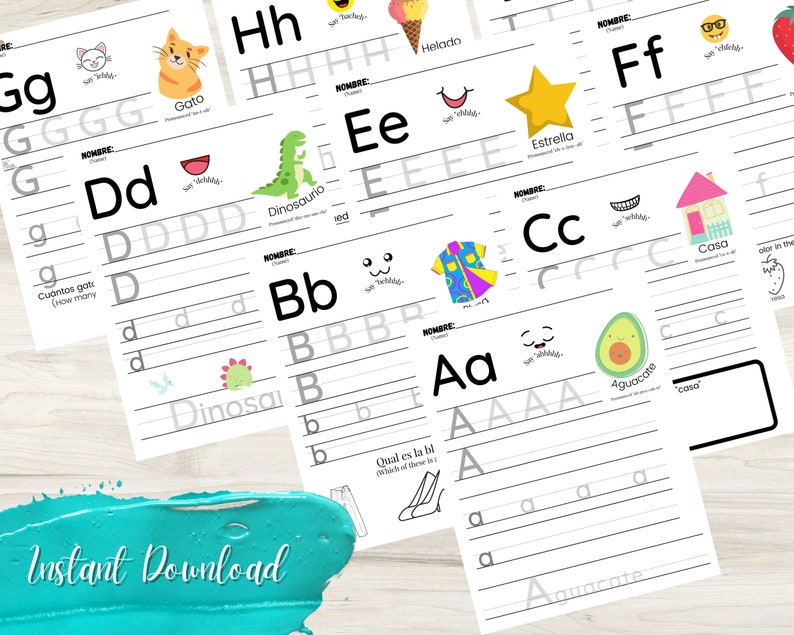 Alphabet Handwriting Worksheets With Spanish Vocabulary Words ...