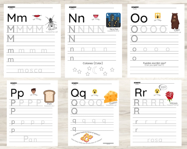 Alphabet Handwriting Worksheets With Spanish Vocabulary Words ...