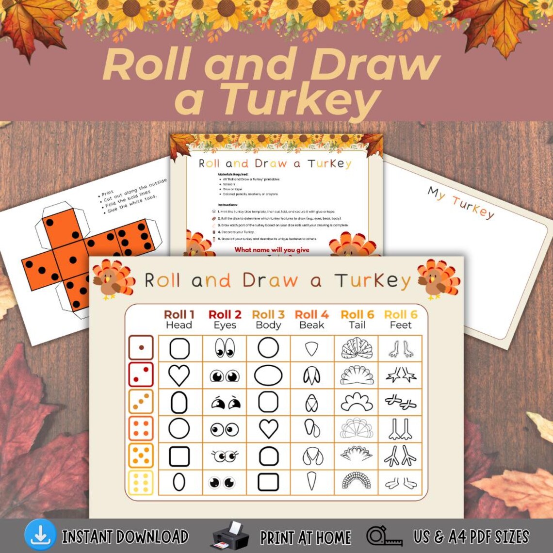 Roll and Draw a Turkey Printable, Thanksgiving Dice Drawing Game ...