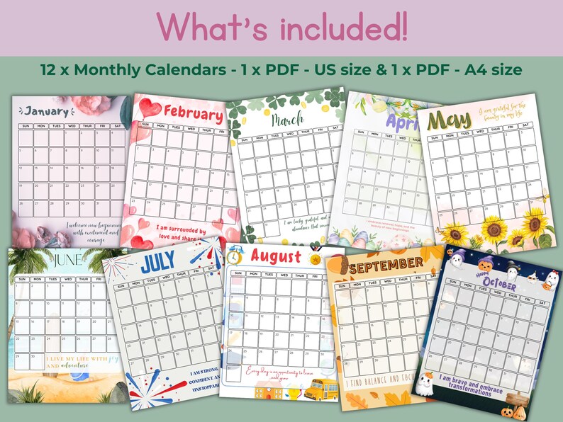 2025 Printable Monthly Affirmation Calendar, Positive Quotes Calendar ...