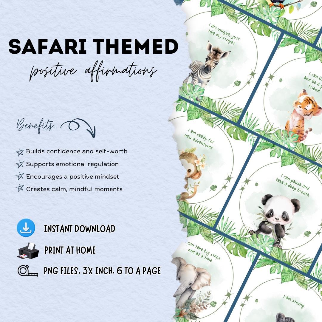 Safari Jungle Affirmation Cards for Kids – Calm Watercolor Animal ...