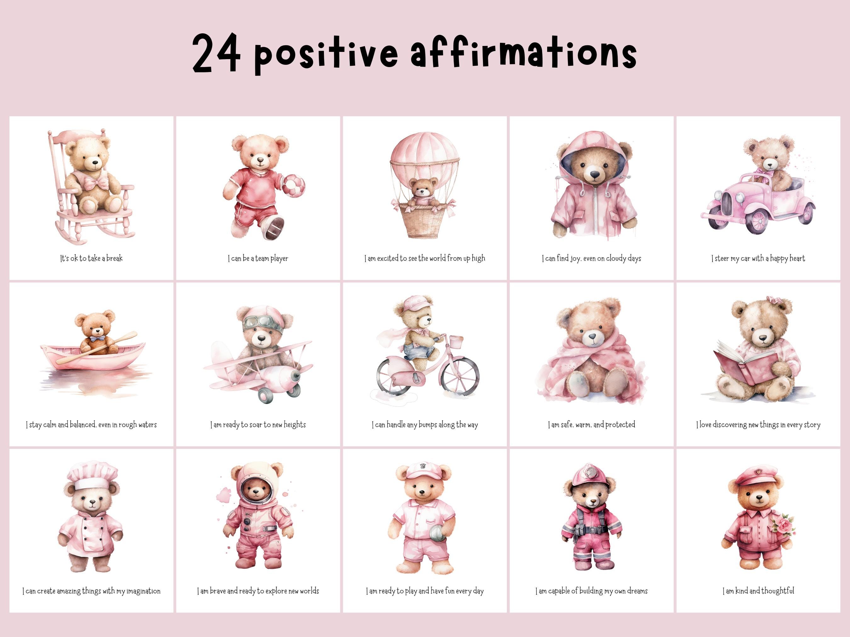 Pink Teddy Bear Affirmation Cards for Kids – 24 Positive Encouragement ...