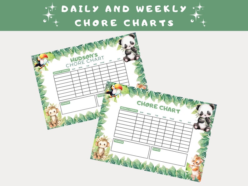 Weekly and Daily Chore Chart for Kids, Safari Animal Themed ...