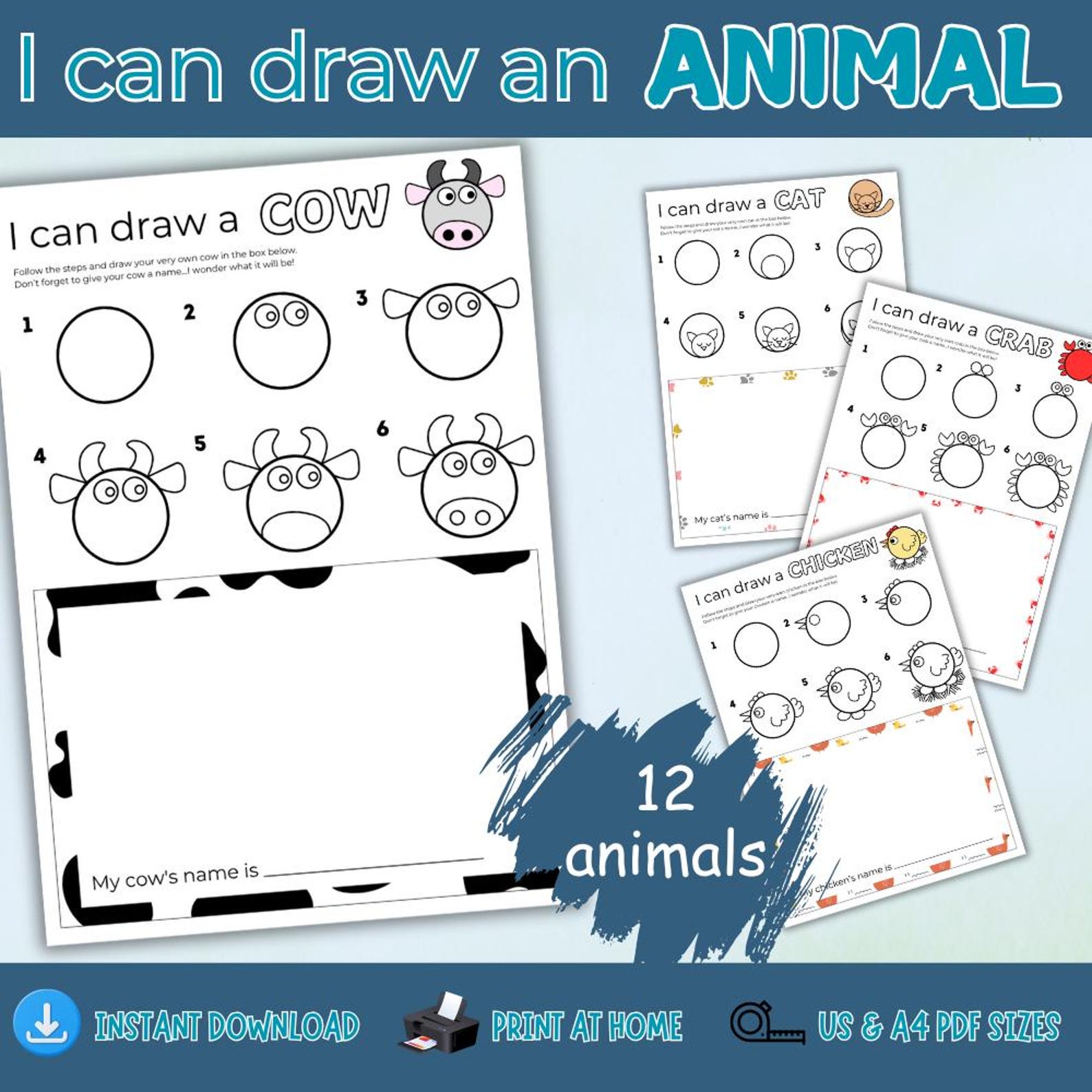 I Can Draw Animals Bundle, 12 Directed Drawing Animal Worksheets for ...