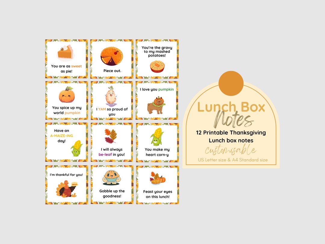 12 Printable Thanksgiving Lunch Box Notes, Edit in Canva, Kids Lunch ...