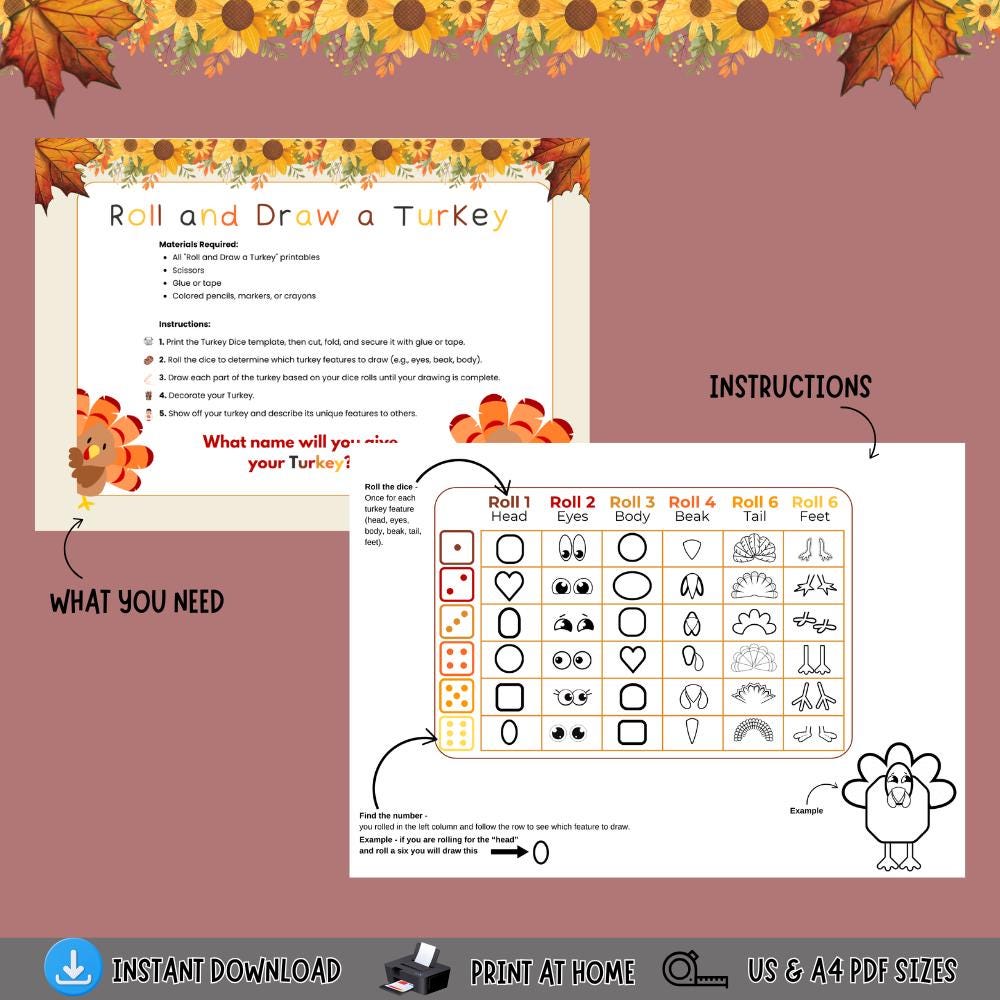 Roll and Draw a Turkey Printable, Thanksgiving Dice Drawing Game ...