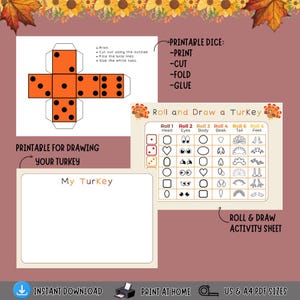Roll and Draw a Turkey Printable, Thanksgiving Dice Drawing Game ...