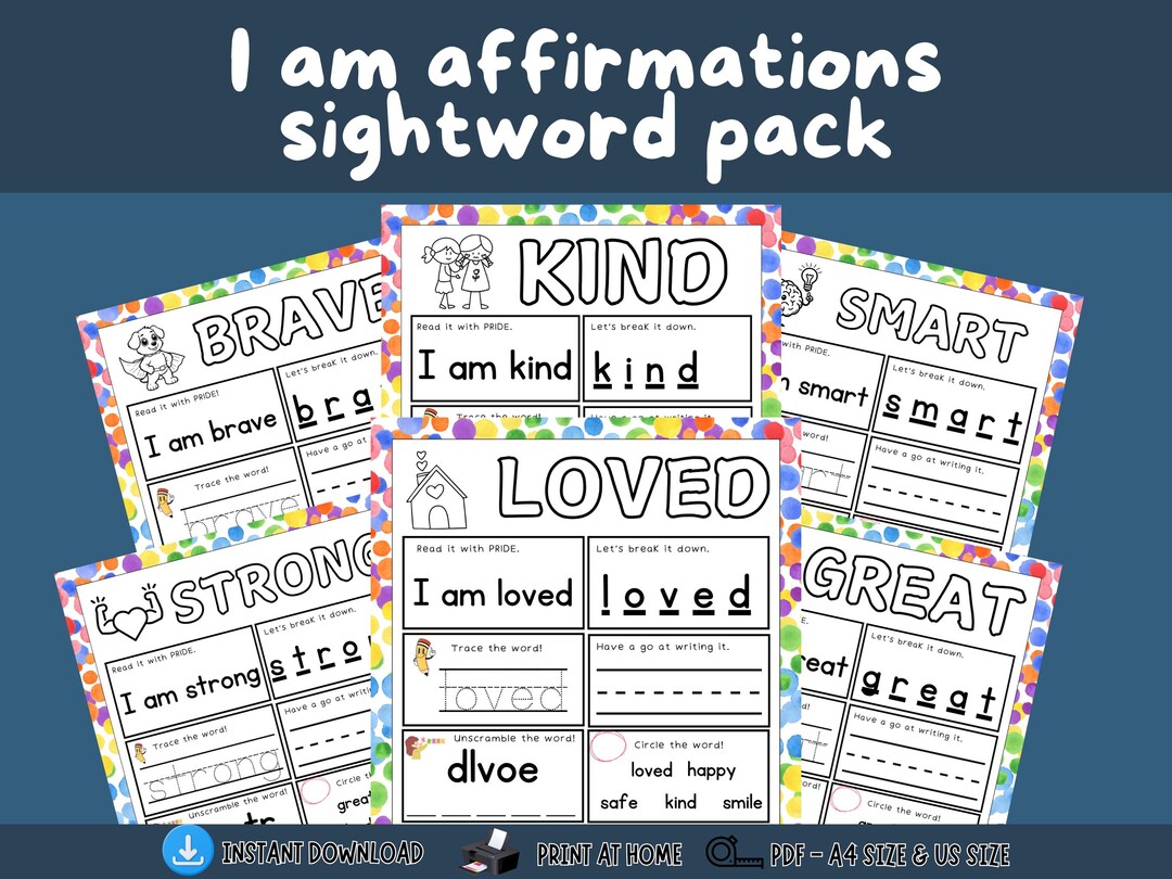 Kids Positive Affirmations Sight Words, I Am Statements Worksheets ...