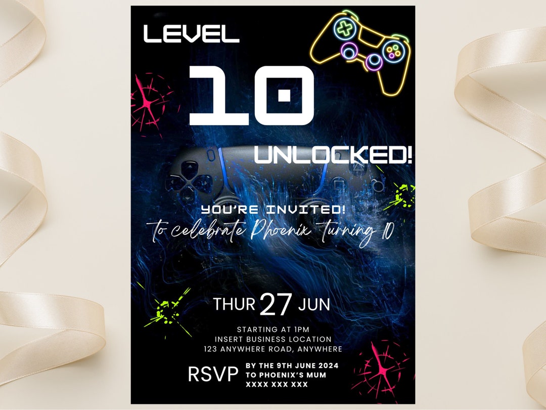 Level 10 Unlocked Birthday Invitation, Gamer Birthday Invitation, Neon ...