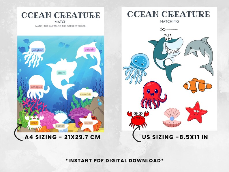 Ocean Animal Matching, Printable Matching Game, Learning Binder Sheets ...