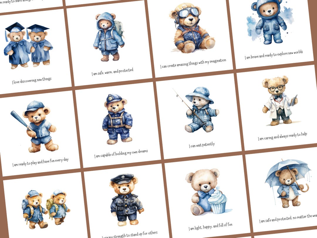 Blue Teddy Bear Affirmation Cards for Kids – 23 Positive Encouragement ...
