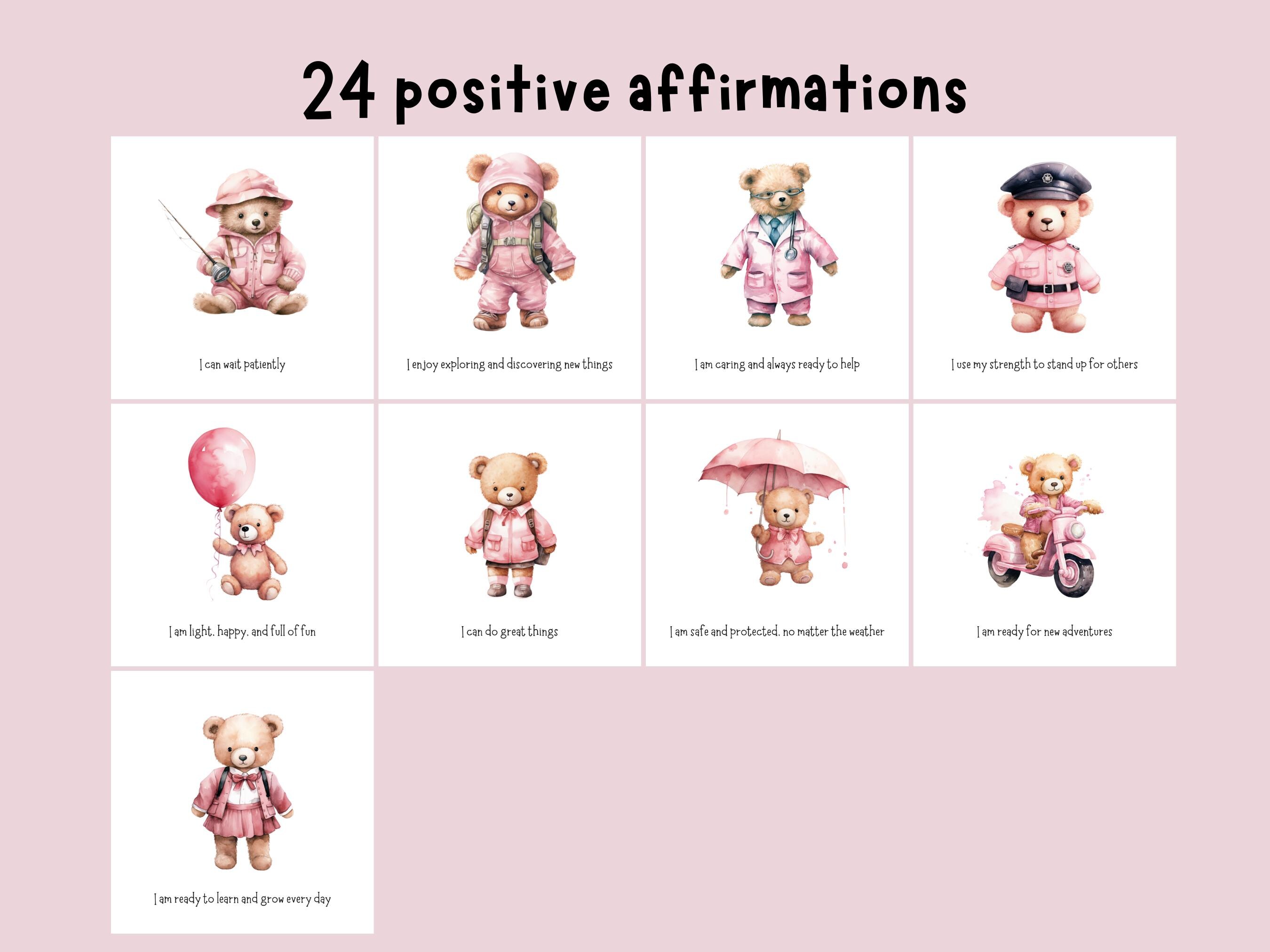 Pink Teddy Bear Affirmation Cards for Kids – 24 Positive Encouragement ...