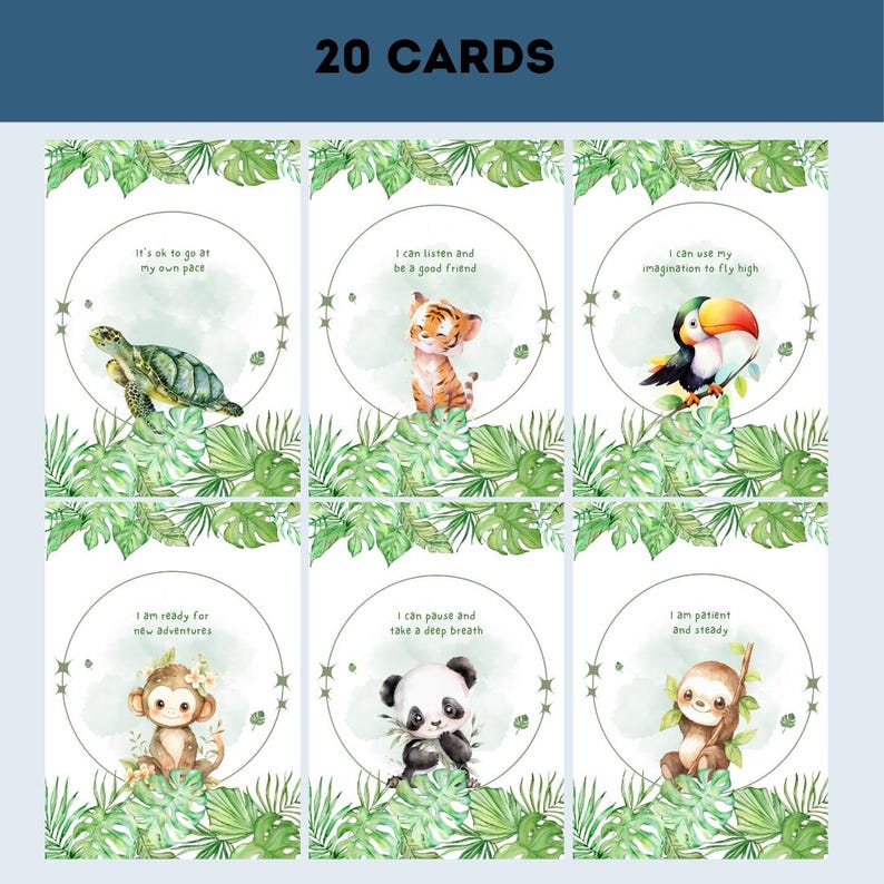 Safari Jungle Affirmation Cards: Watercolor Animal Prints for Kids ...