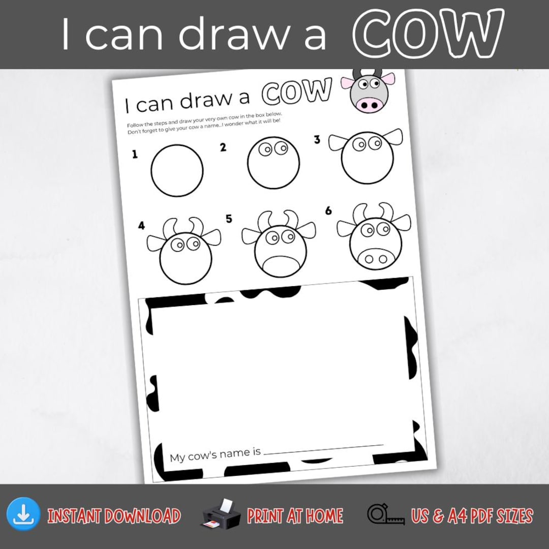 Learn to Draw a Cow Printable Activity for Kids, Step-by-step Learn to ...