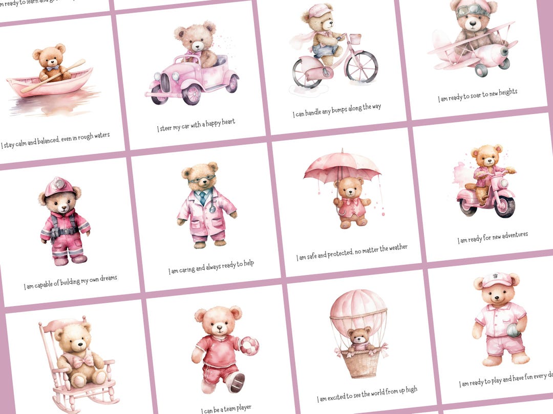 Pink Teddy Bear Affirmation Cards for Kids – 24 Positive Encouragement ...