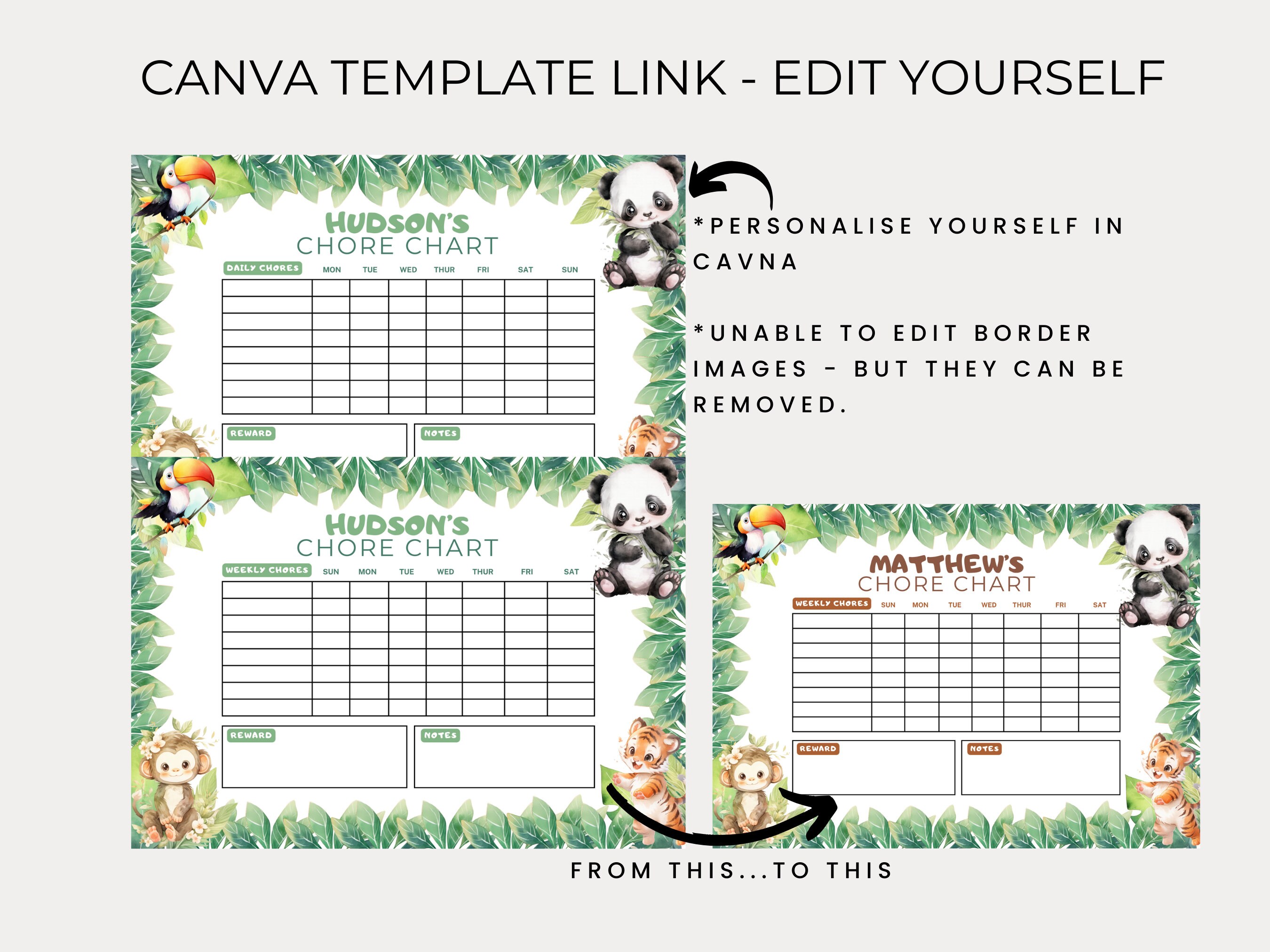 Weekly and Daily Chore Chart for Kids, Safari Animal Themed ...
