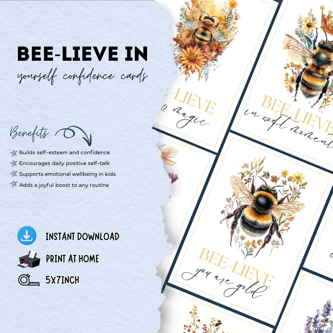 Bee-lieve in Yourself Confidence Cards, Watercolor Bee Affirmations ...