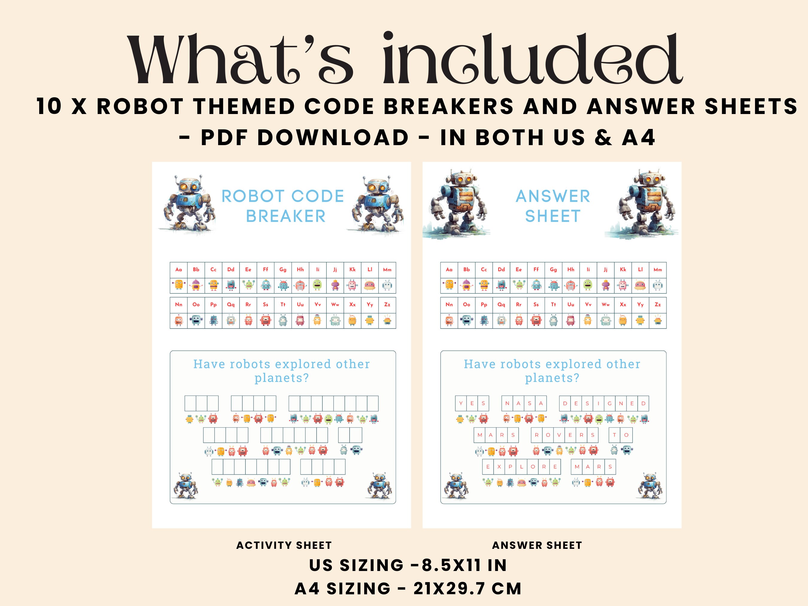 10 X Code Breaker Activity for Kids, Robot Word Puzzle, Classroom ...