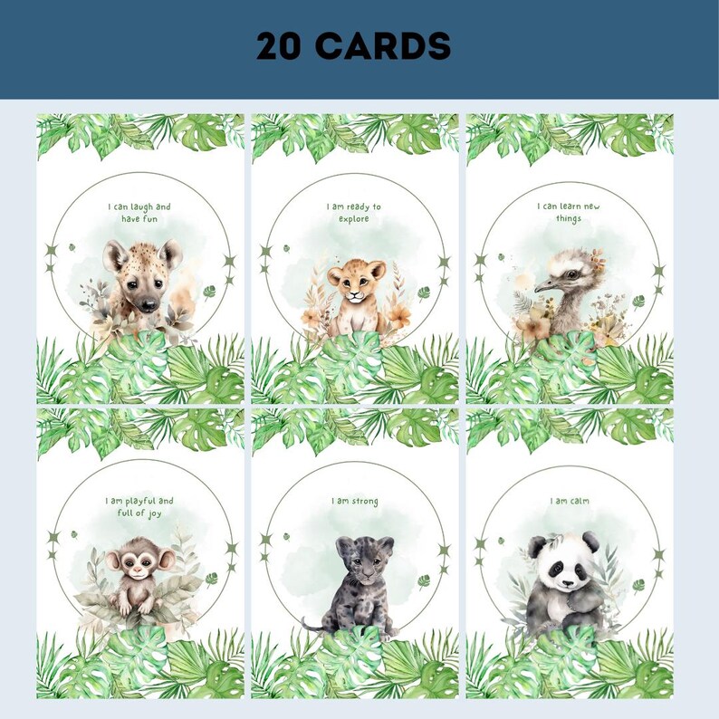 Safari Jungle Affirmation Cards: Watercolor Animal Prints for Kids ...